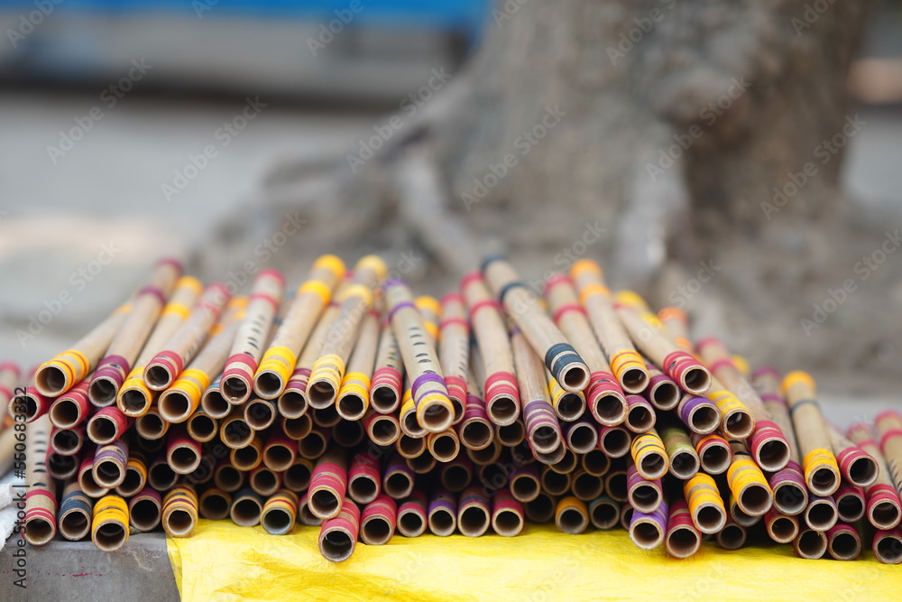 Multiple bamboo bansuri Indian flute images Stock Photo | Adobe Stock