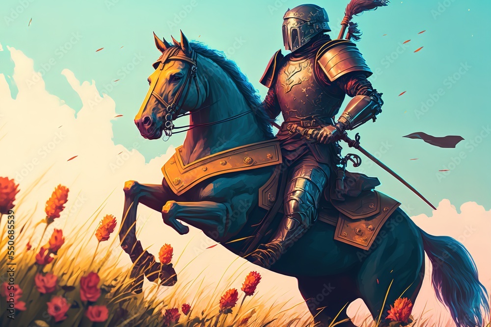 Knight rider on a horse galloping across a green field Stock ...