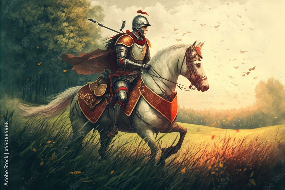 Knight rider on a horse galloping across a green field Stock ...