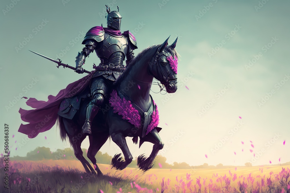 Knight rider on a horse galloping across a green field Stock ...