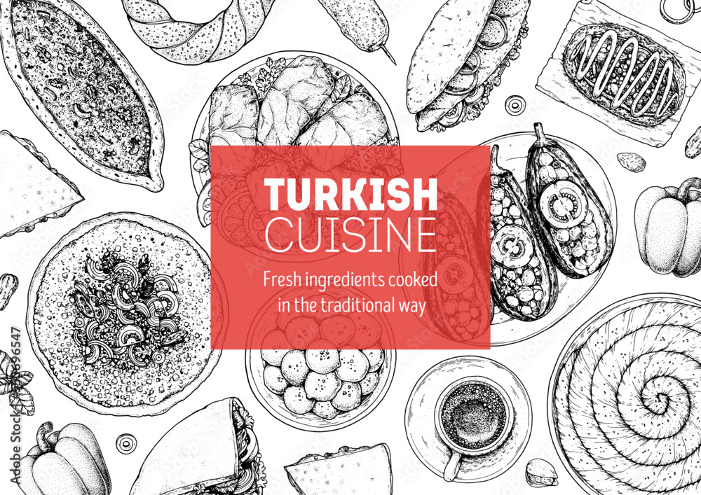 Turkish food top view vector illustration. Food menu design template ...