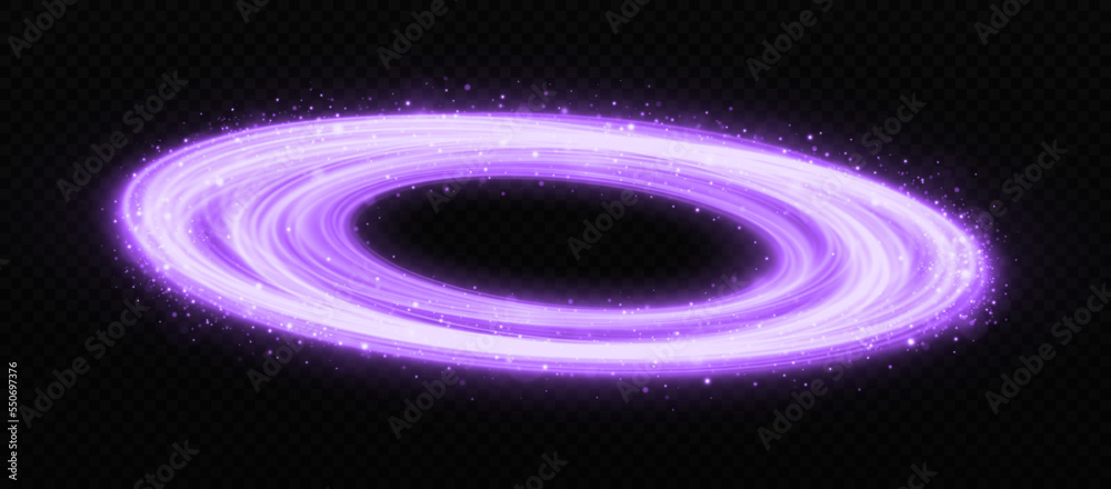 Luminous purple circle ring of particles. Glowing fire lines effect ...