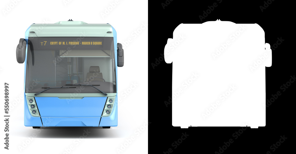 Front of blue city bus with open dors 3d render image on white with ...