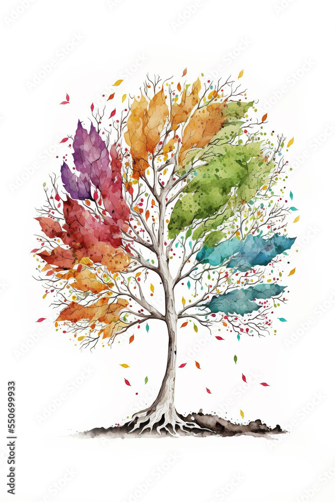 beautiful watercolor paint style illustration of rainbow tree with ...