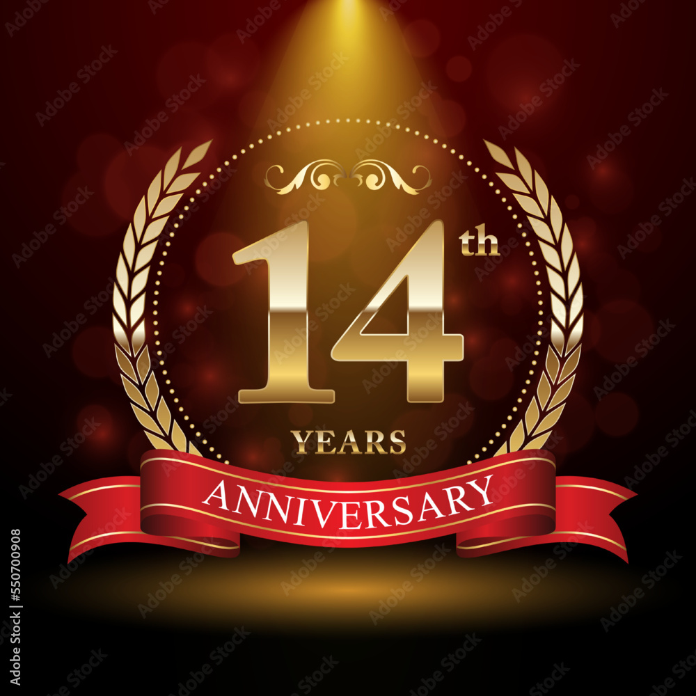 14th Anniversary. Anniversary Logo Design with Laurel Wreath and Red ...