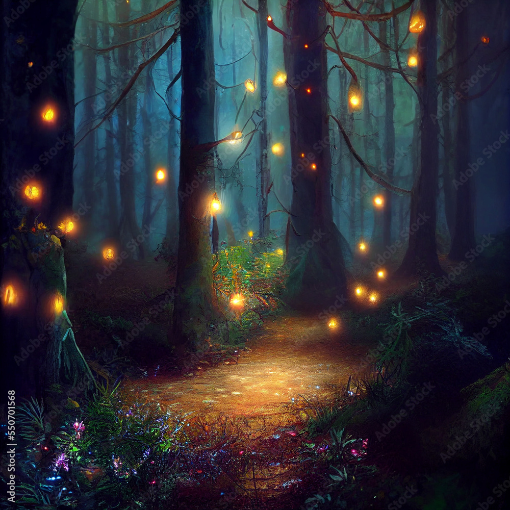 Magical forest with fairy lights illustration, path with firefly among ...