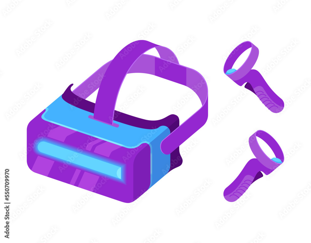 VR glasses and hand tracking controllers in isometric style. Cord-free ...