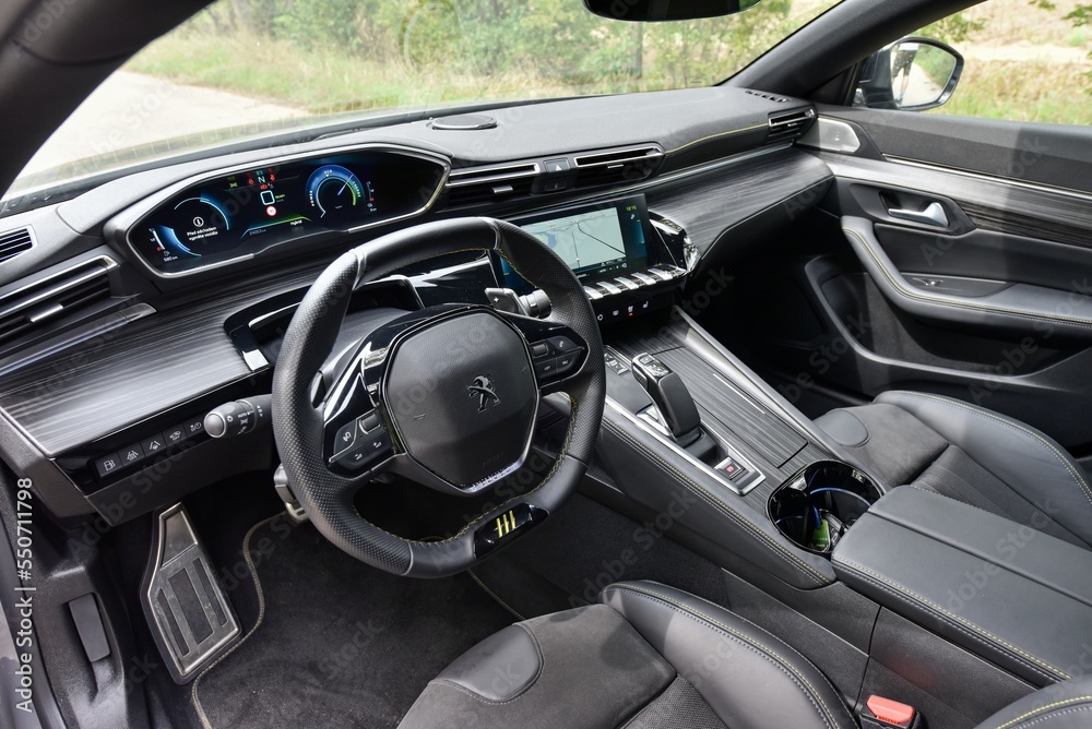 Peugeot 508 PSE. Sporty tuned car with plug-in hybrid drive. Cabin ...