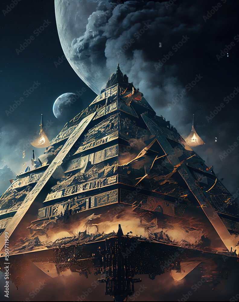 a giant pyramid floating with fire runes, several ships, alien invasion ...