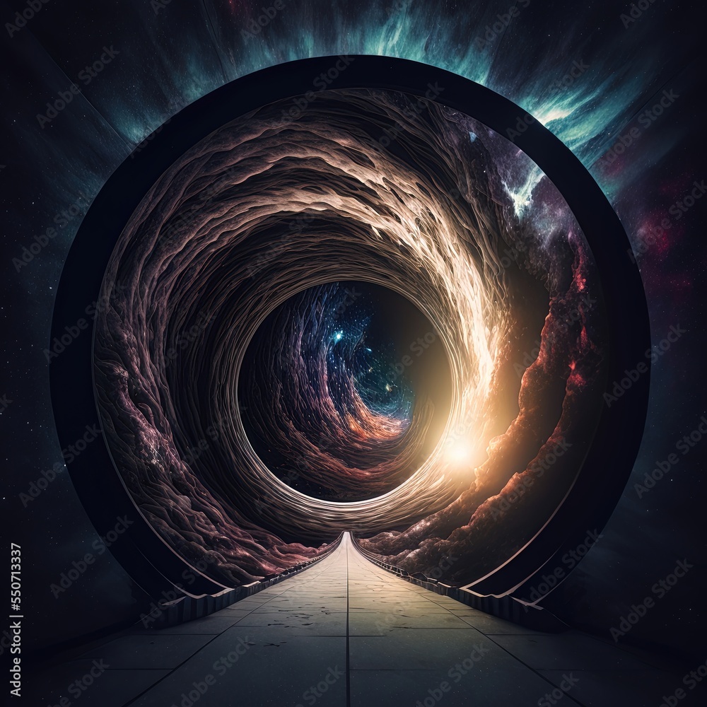 Space round tunnel to another world. Neon background. Fantasy space landscape with tunnel ...