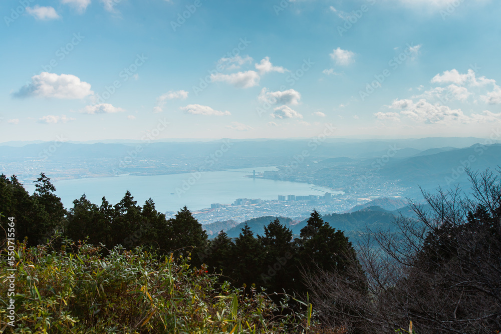Landscape southern west side of lake Biwa (Biwako) and cityscape of ...