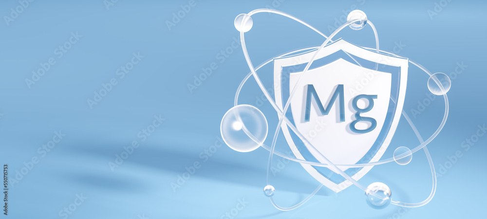 magnesium mg symbol on shield, atoms orbiting on blue background, 3d ...