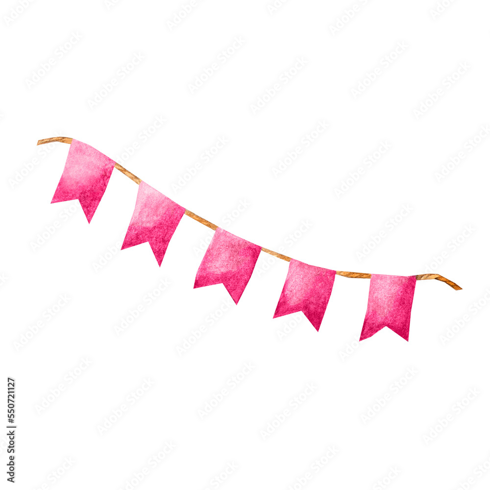Pink flags for girl kids room. Art watercolor illustration isolated on ...