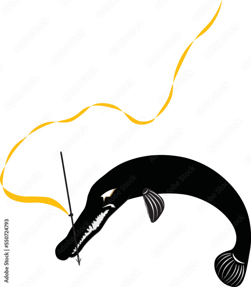 Alligator Gar Fish illustration with Bowfishing Arrow and Amber Colored ...