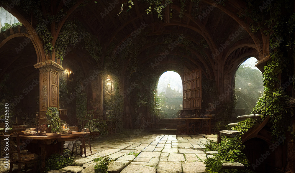 Fantasy fable medieval city street with medieval buildings, digital ...