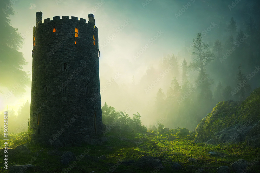 Fantasy medieval tower in magical forest, concept art. Medieval heroic ...