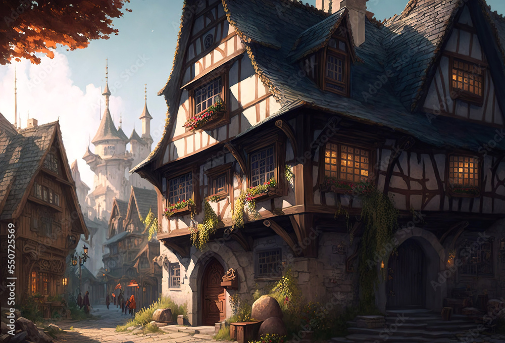 Fantasy dreamland medieval city street with medieval buildings, concept ...