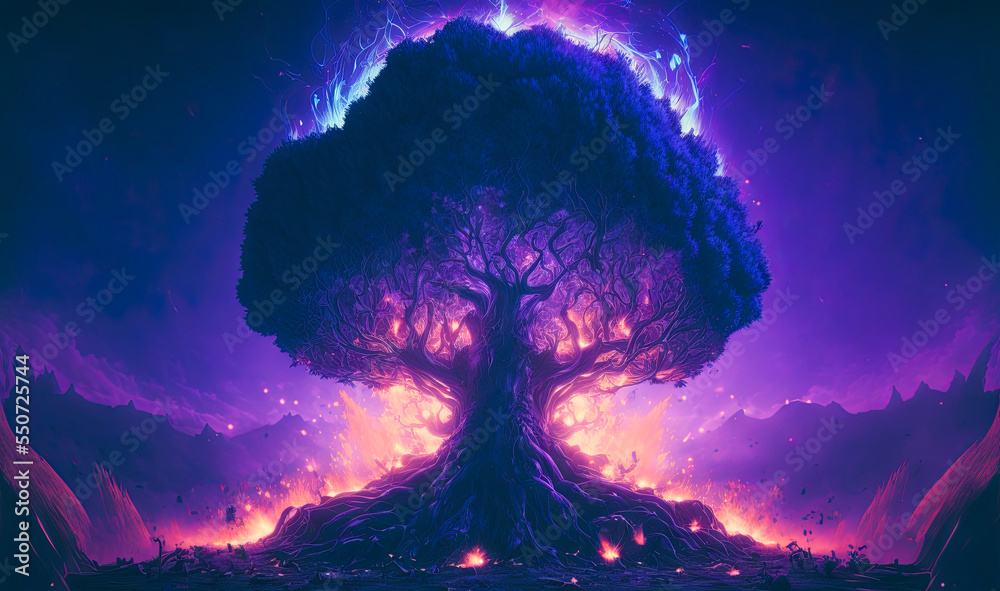 Fairyland magical tree with fire, with night sky and colorful ambiance ...