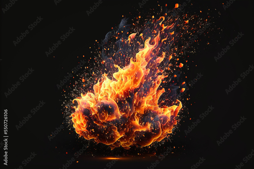 Rugged fire flames with smoke with sparkles and particles, on black ...