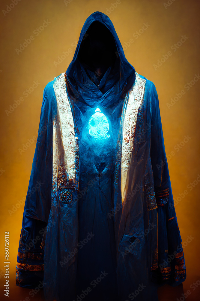 Fantasy magician in blue outfit and hood with blue magic shinning ...