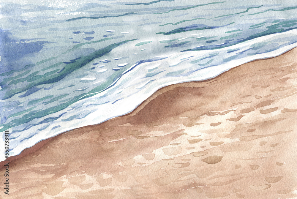 Summer tropical beach with golden sand and wave. Hand drawn watercolor ...