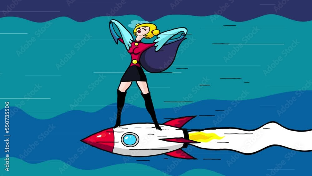 Cartoon businesswoman flying on the rocket color background. She ...