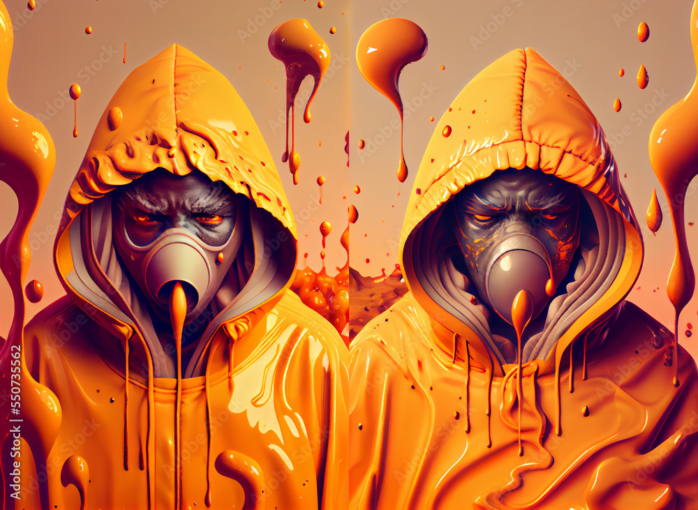 man in biohazard yellow suit, abstract orange background, illustration ...