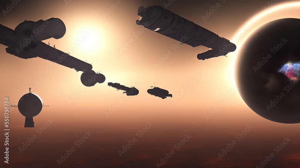 Astronaut on alien planet landscape with scientific laboratory ...