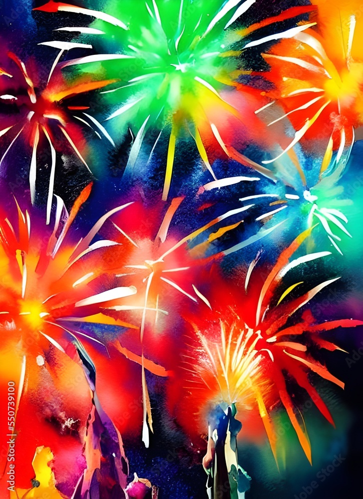 Colorful fireworks explode in the sky, lighting up the dark night. The ...