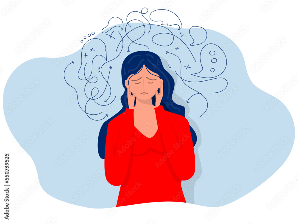 woaman Facial expression concept.girl headache or anxiety attack crisis ...