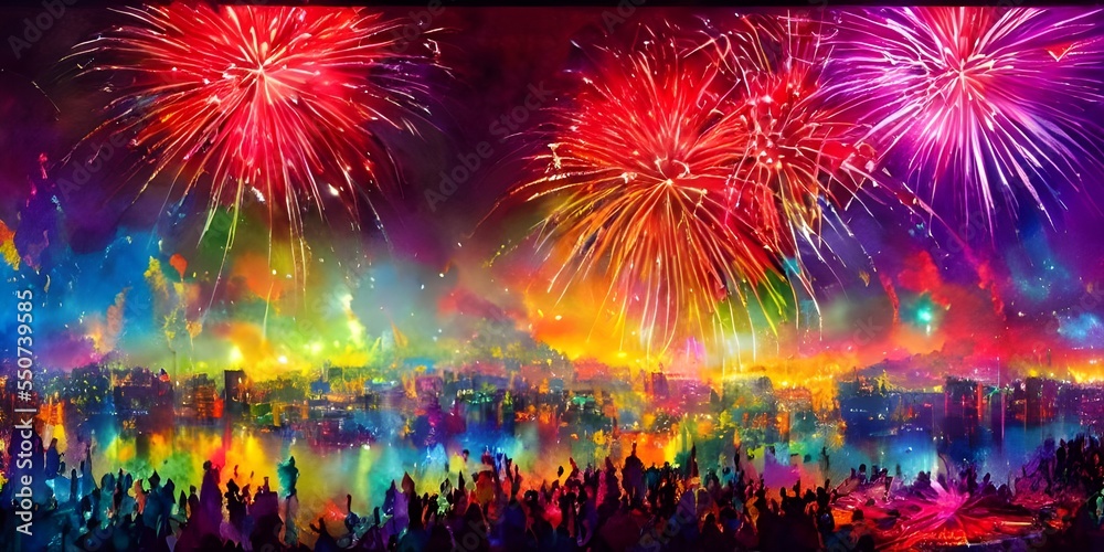 The sky is alight with vibrant colours as fireworks explode overhead ...