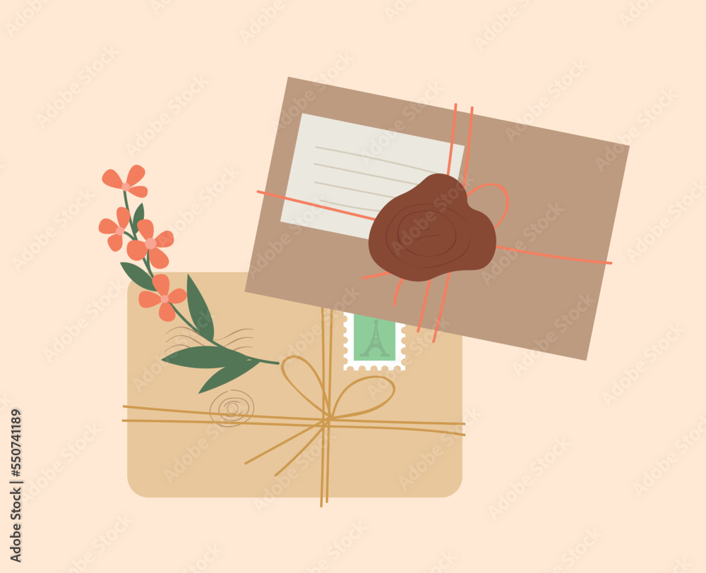 Cute envelopes with letters. Flower and postage stamp on envelope ...