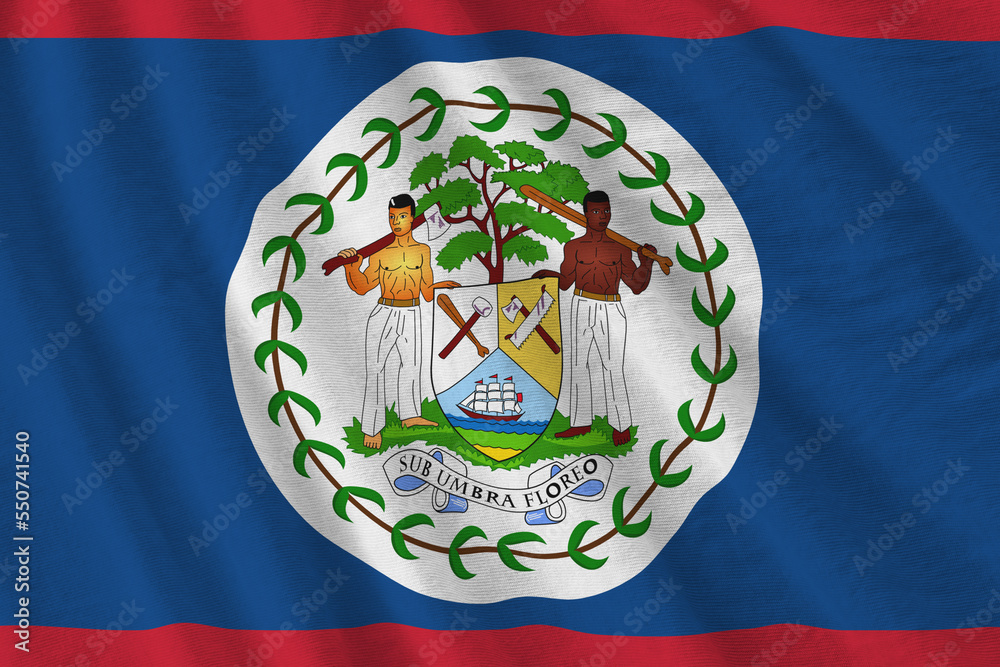 Belize flag with big folds waving close up under the studio light ...