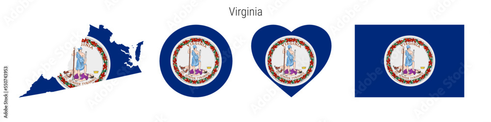 Virginia flag in different shapes icon set. Flat vector illustration ...
