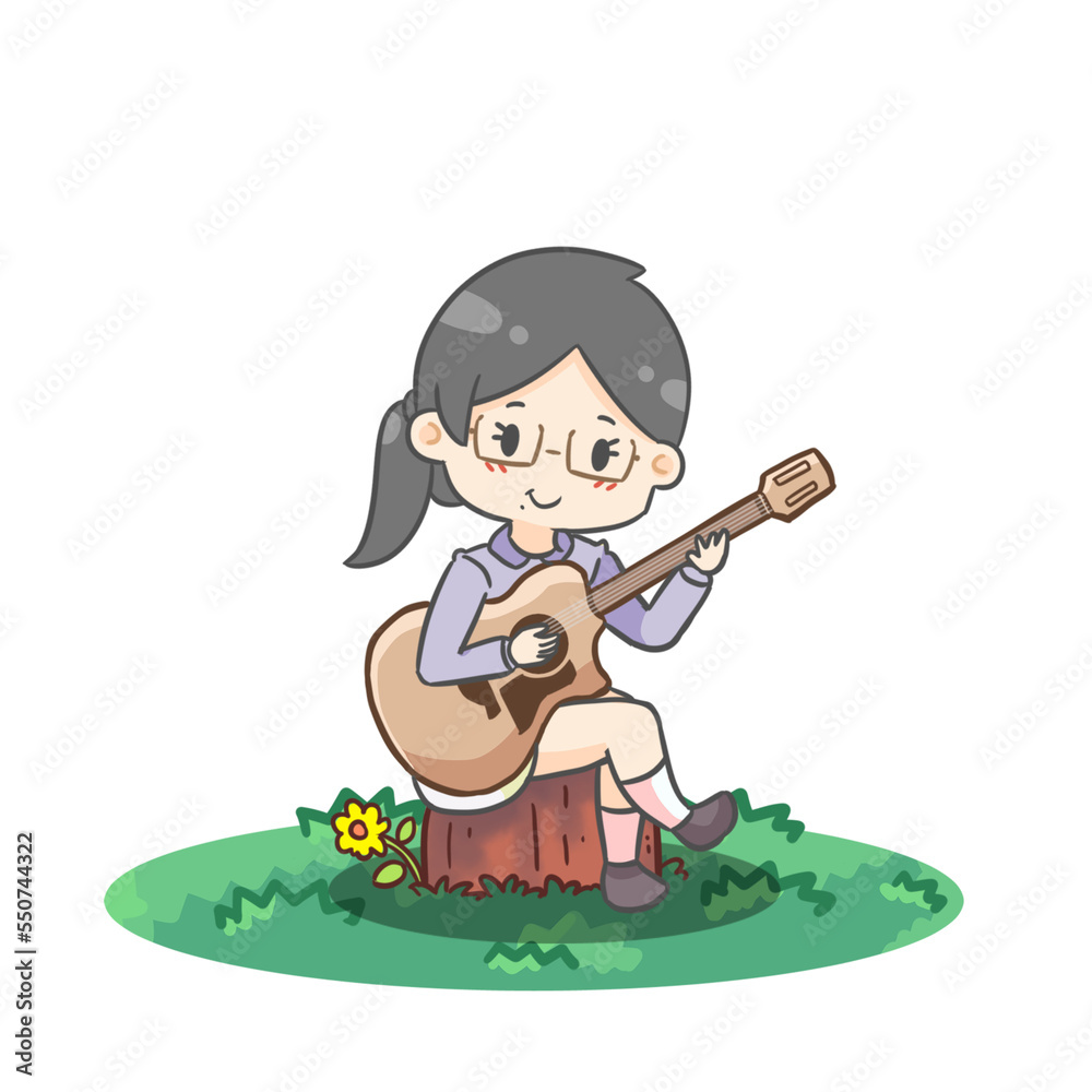 Cute cartoon girl playing guitar Stock Illustration | Adobe Stock