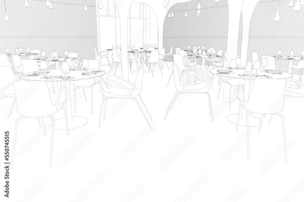 Outline of the restaurant room with tables and chairs from black lines ...