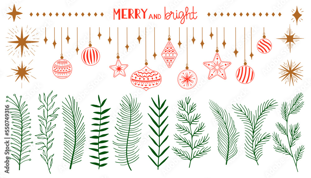 Set Christmas leaves plants hand draw vector. Drawing beautiful creeper ...