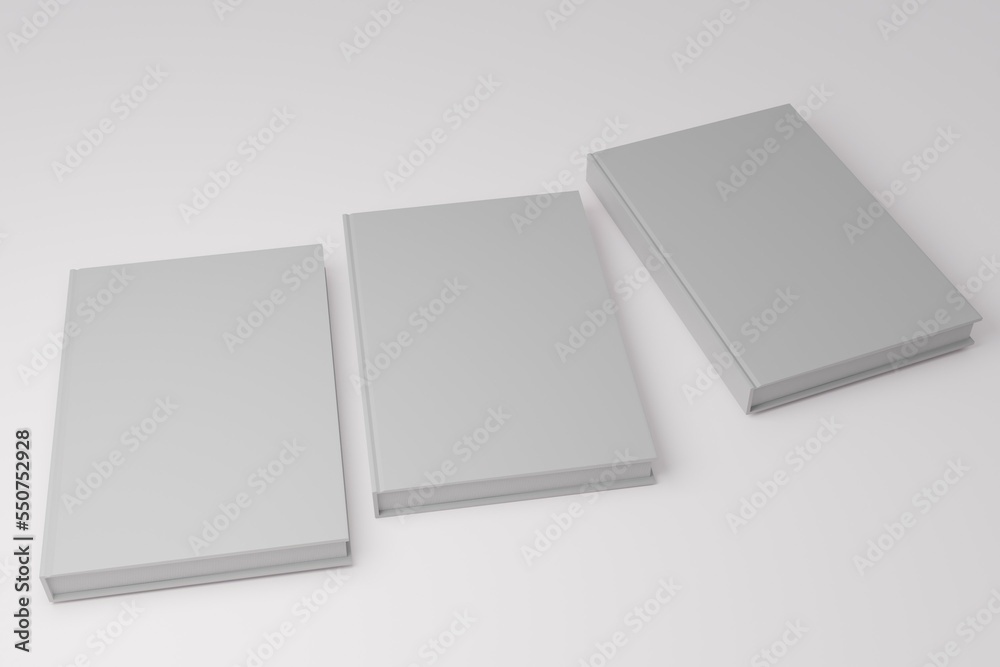 Hardcover book template, three blank books lying on white background ...