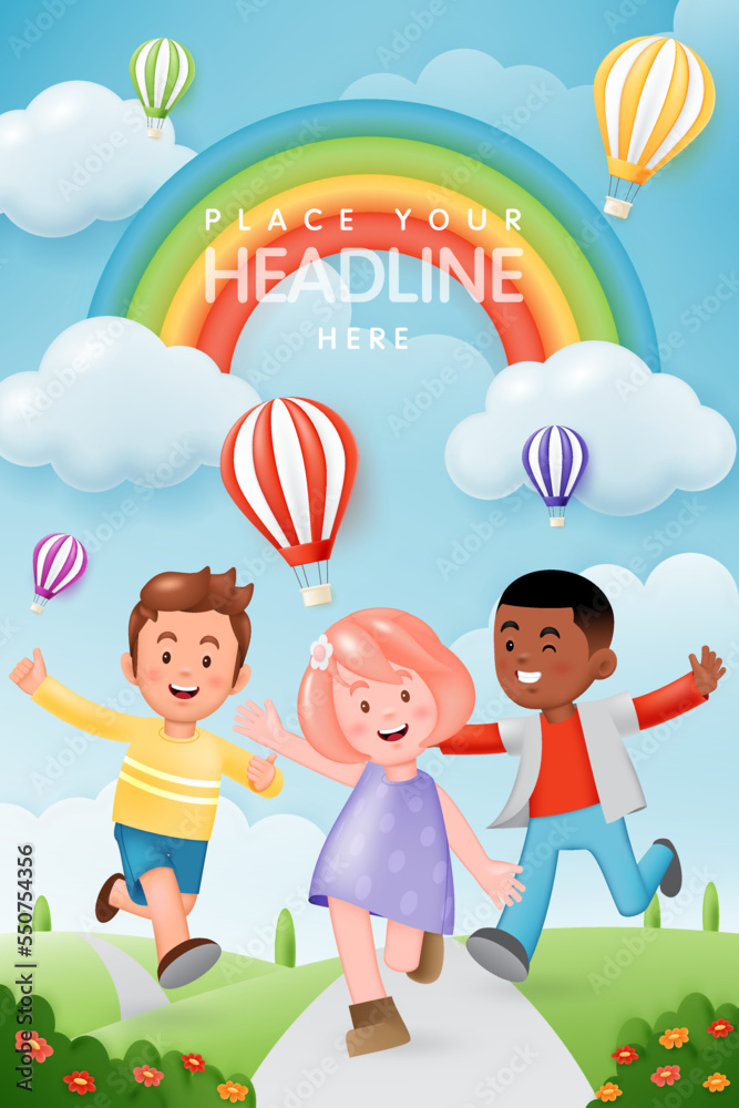 3D vector with children running in the park, hot air balloons and a ...