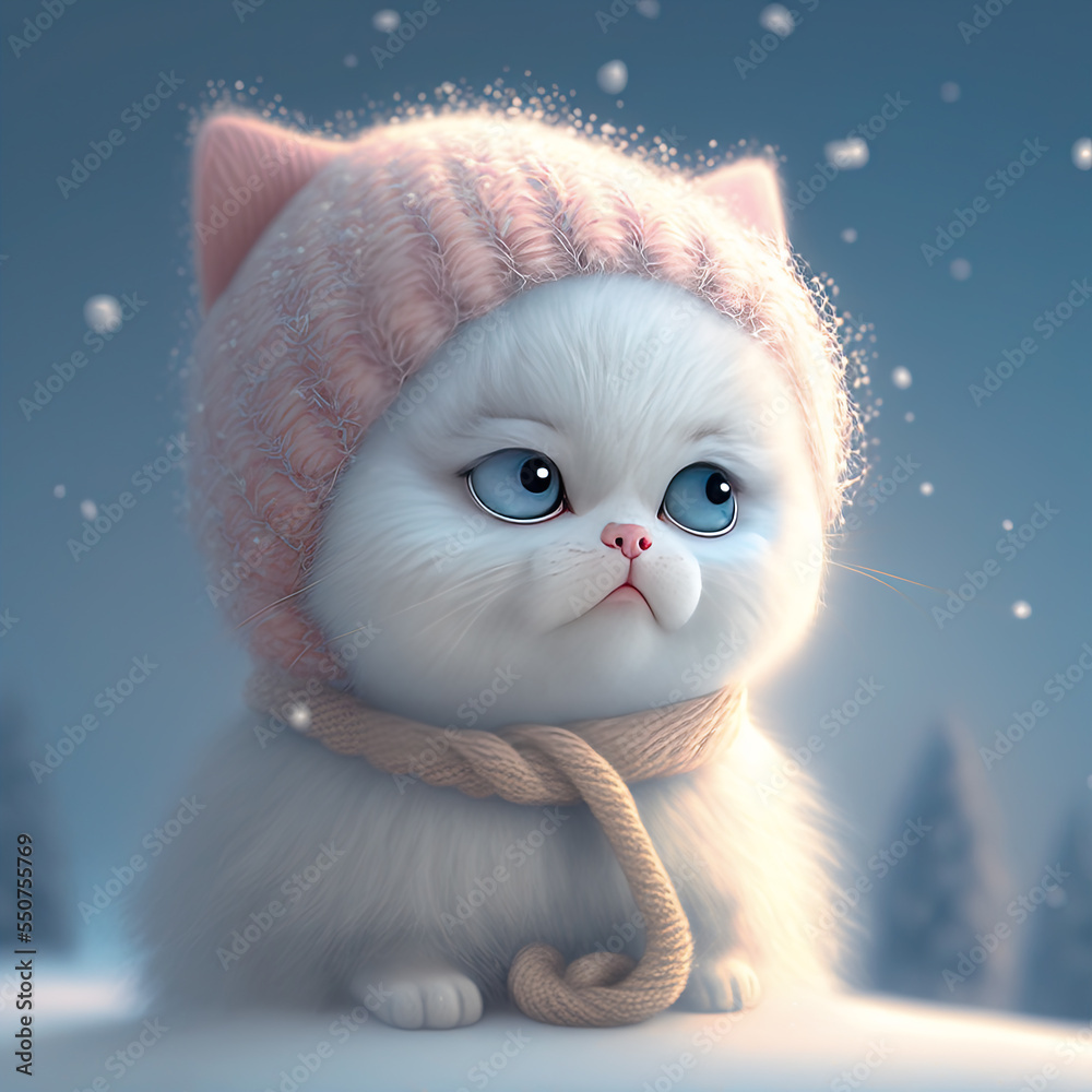 Hermoso Y Tierno Gatito Blanco Abrigado Para Invierno Creado Con Inteligencia Artificial