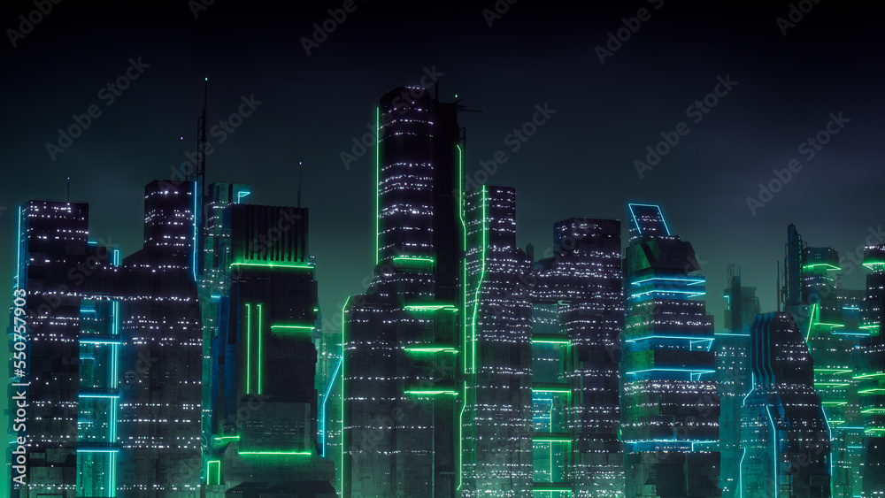 Sci-fi Cityscape with Green and Blue Neon lights. Night scene with ...