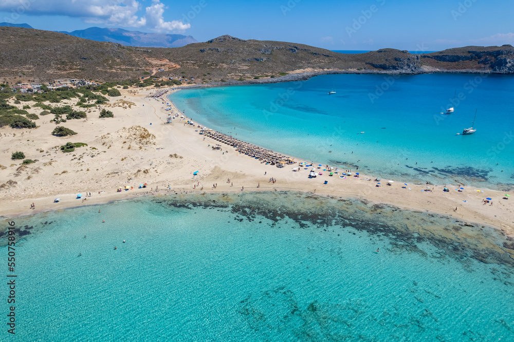 Aerial view of Simos beach in Elafonisos. Located in south Peloponnese ...
