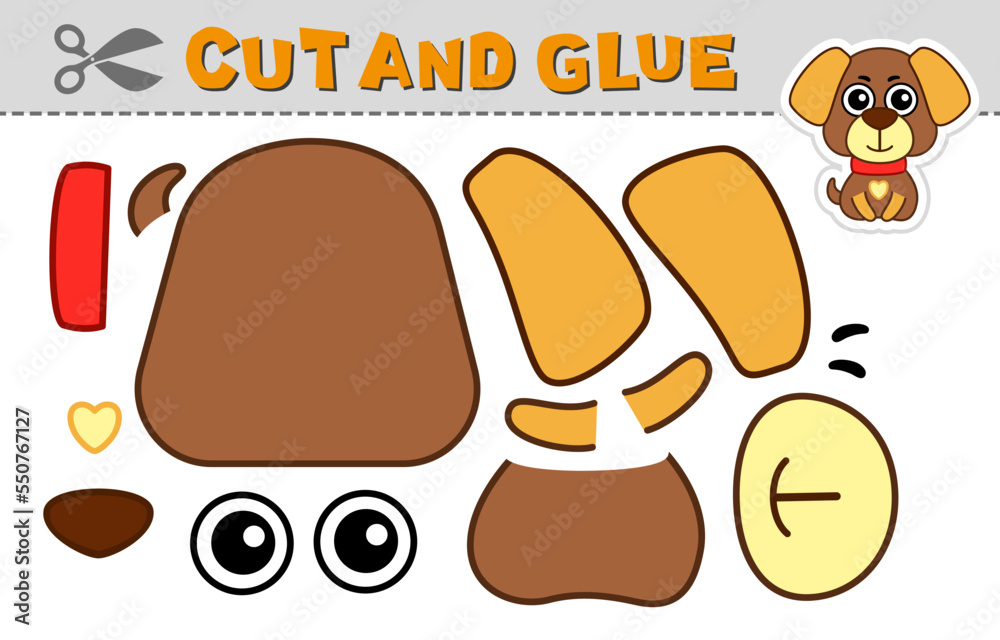 Cut out applique and glue a dog head. Vector illustration. Paper game ...