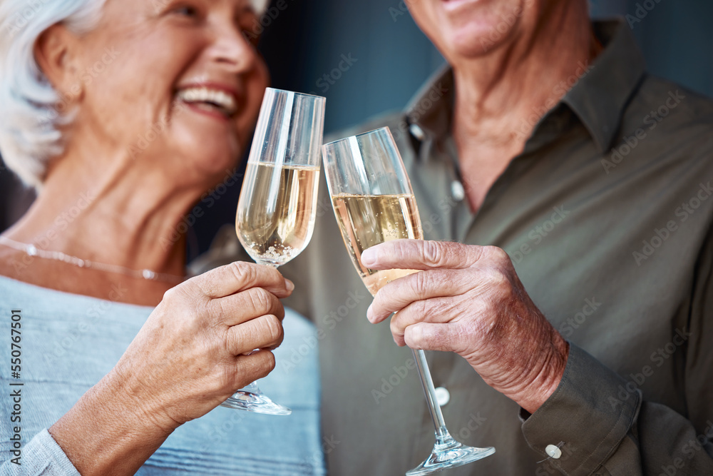 Champagne, love and senior couple toast for marriage anniversary date ...