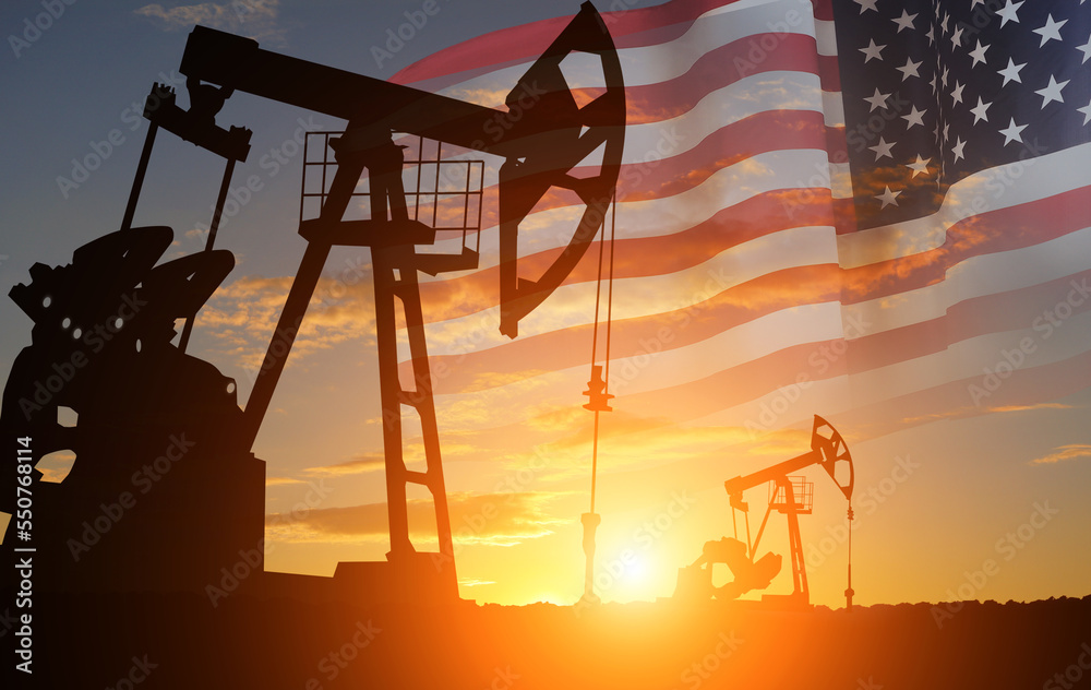 US oil industry .Crude oil and petroleum concept. American flag ...