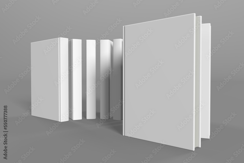 Realistic 3d book mockup illustration with 10 hard covers. Book mockup standing on isolated gray ...