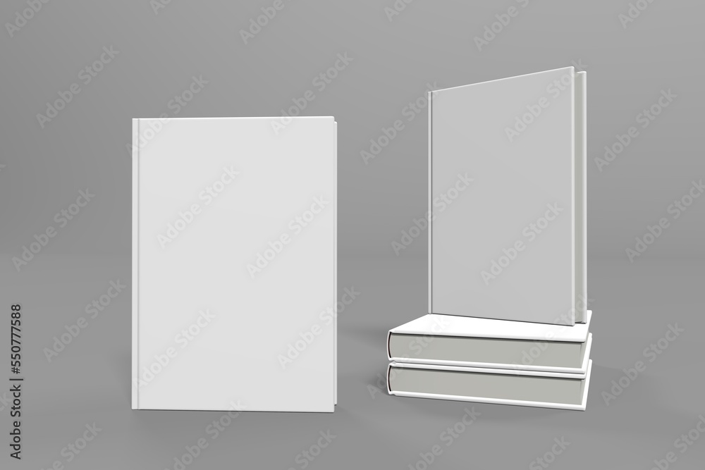 Realistic 3d book mockup illustration with 4 hard covers. Book mockup standing on isolated gray ...