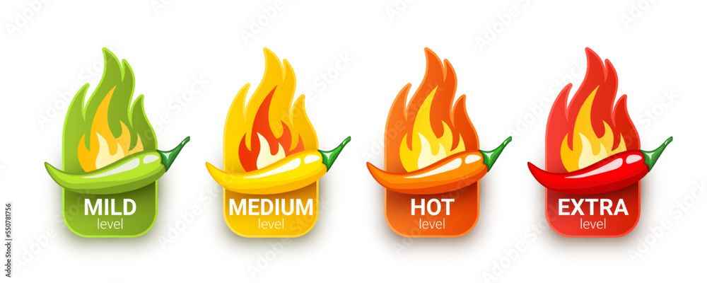 Set of badges with chili peppers and fire flames from behind. Mild ...
