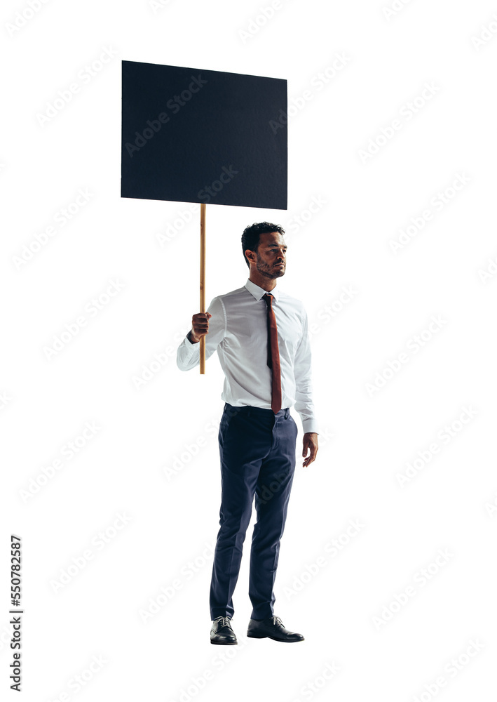 Young businessman protesting with a poster on a transparent background ...