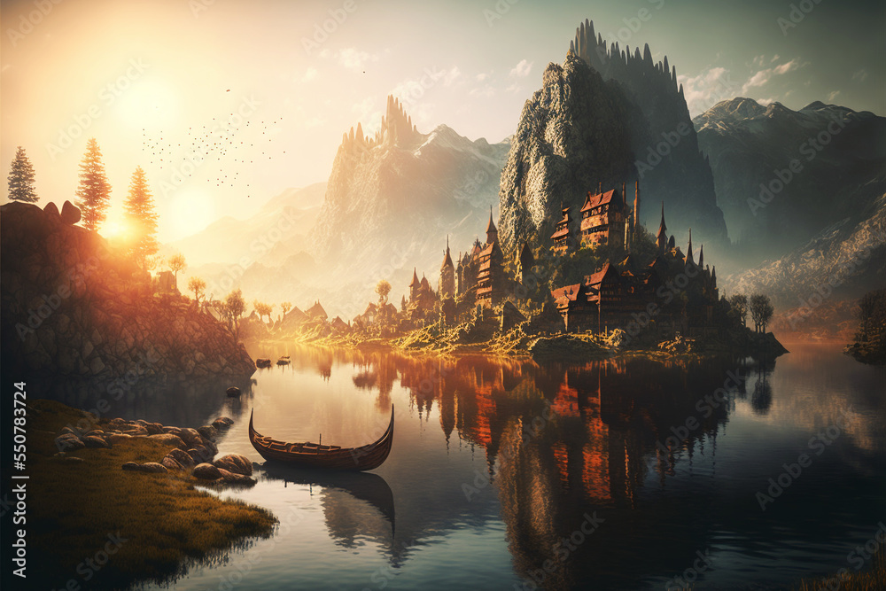 Concept art illustration of fantasy village at the lake Stock ...